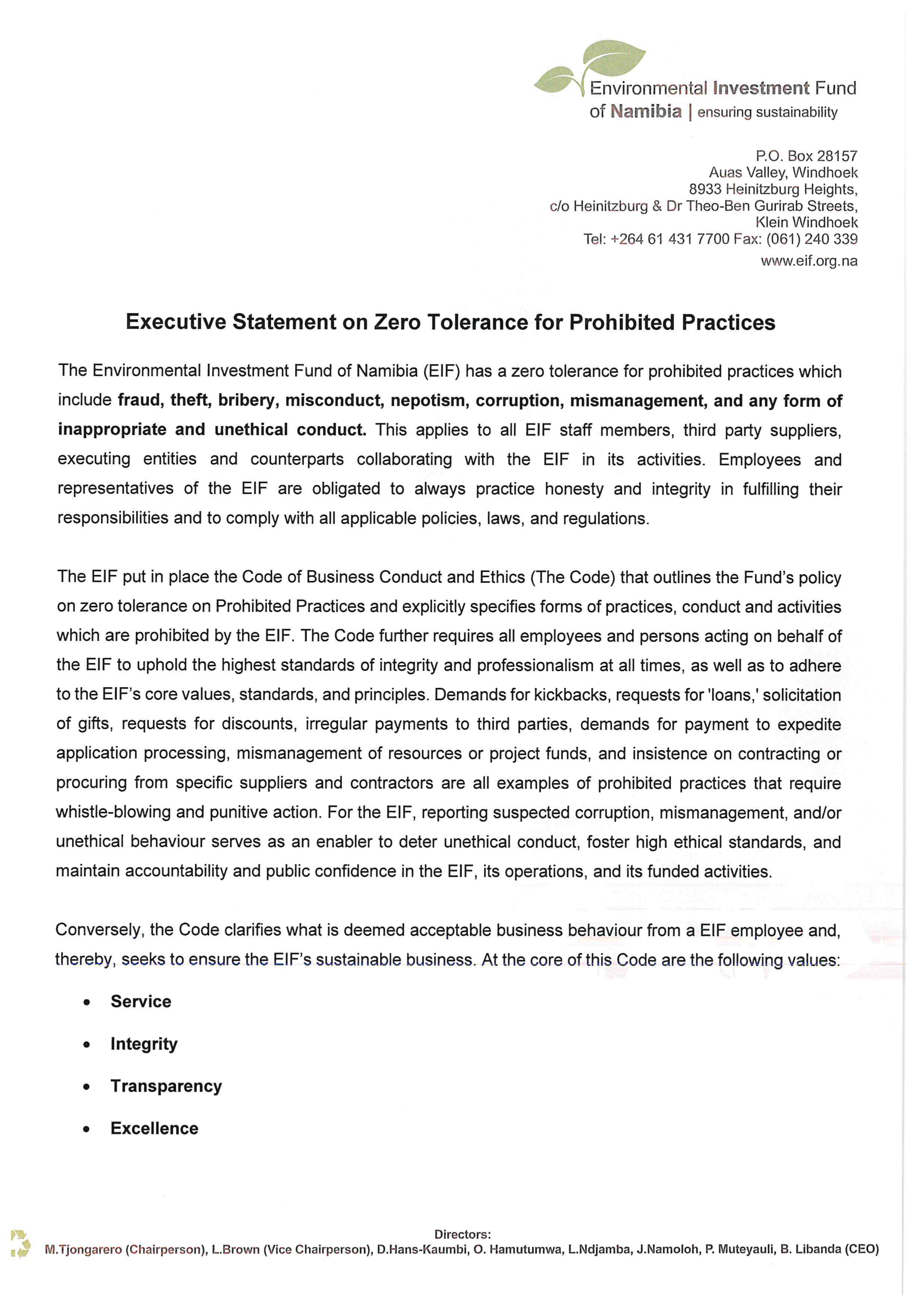 Statement on Financial Integrity