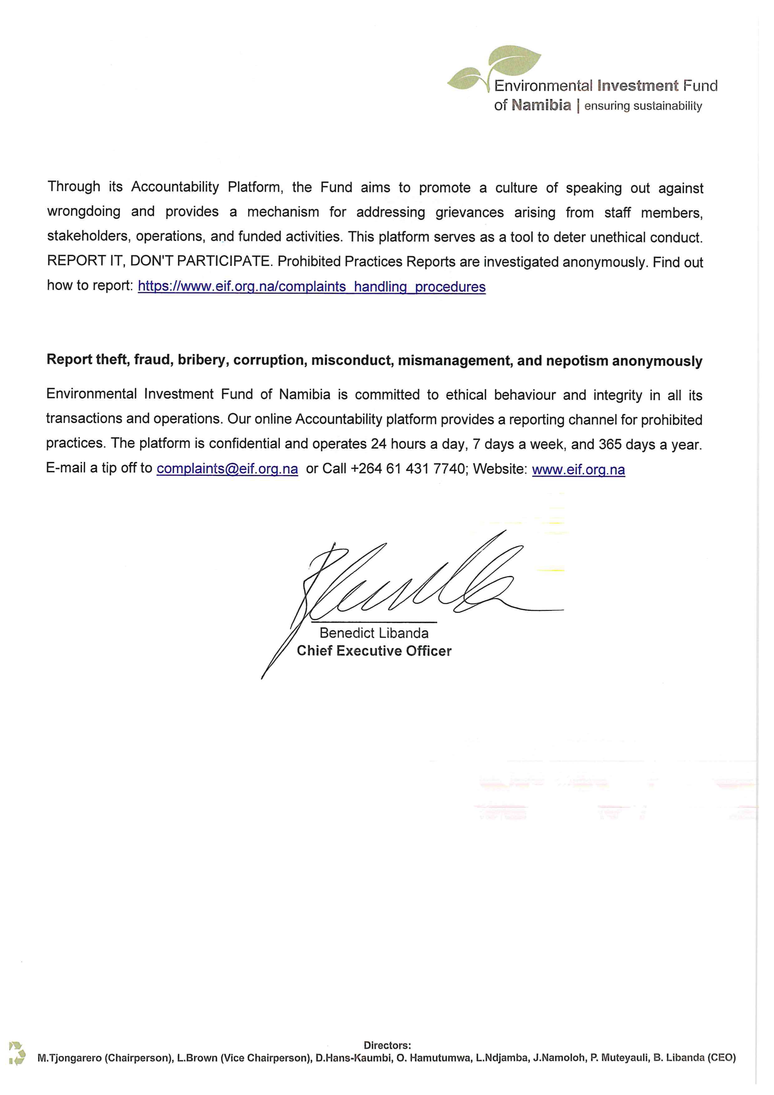 Statement on Financial Integrity